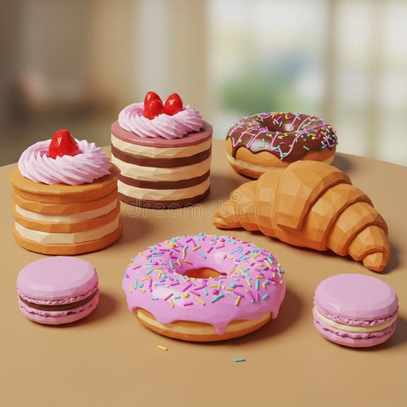 Low-poly 3D Render of Assorted Pastries and Sweets on a Surface ...