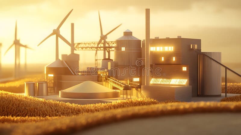 Low Poly 3D Render of Biofuel Plant at Sunset Stock Illustration ...