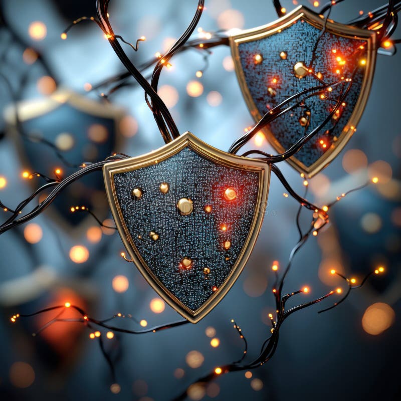 Low Poly 3D Render of Complex Shields with Glowing Lights, Symbolizing ...