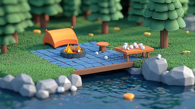 Lowpoly 3D Render of a Cozy Lakeside Campsite with Marshmallows Stock Illustration ...