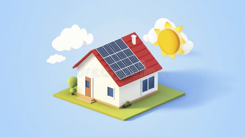 Low Poly 3D Render of House with Solar Panels on Red Roof Under Sunny ...