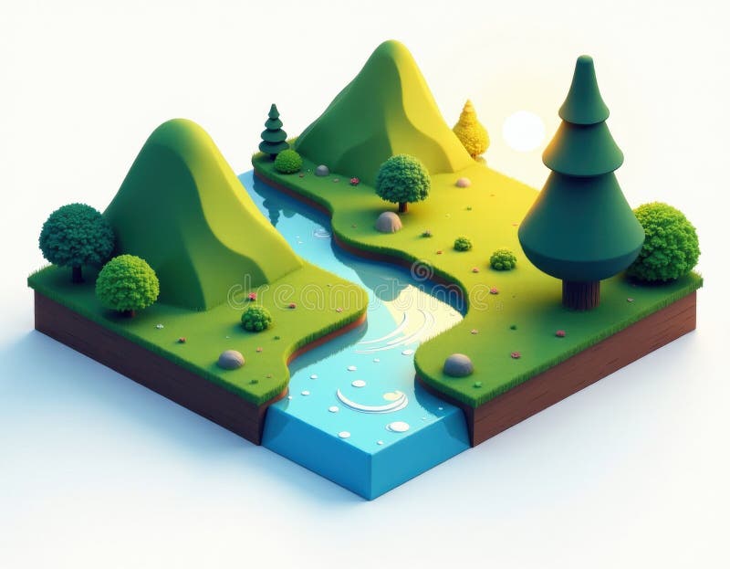 Low Poly 3D Render of Idyllic Landscape with River and Sunset Stock ...