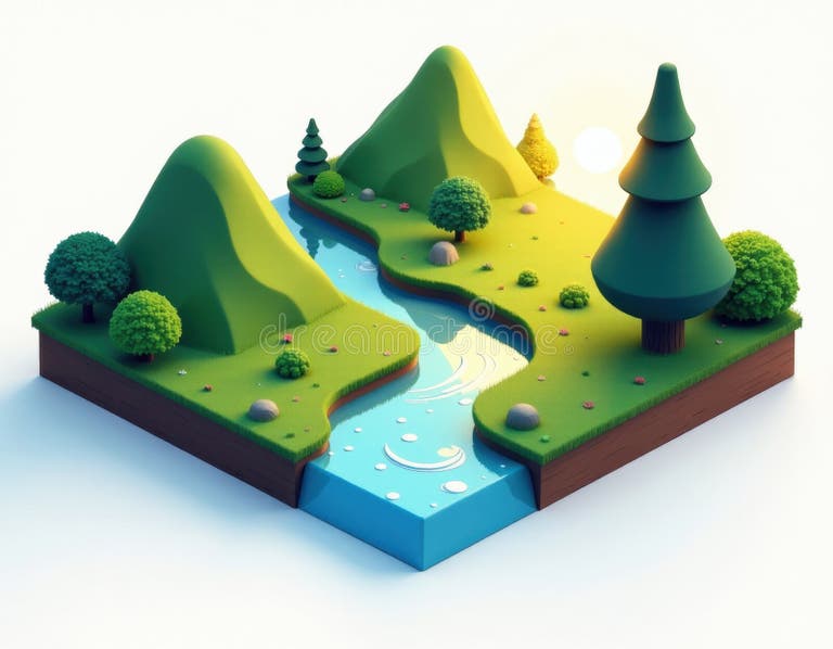 Low Poly 3D Render of Idyllic Landscape with River and Sunset Stock ...