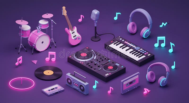 Low-poly 3D Render of Musical Instruments and Equipment Studio Setup ...