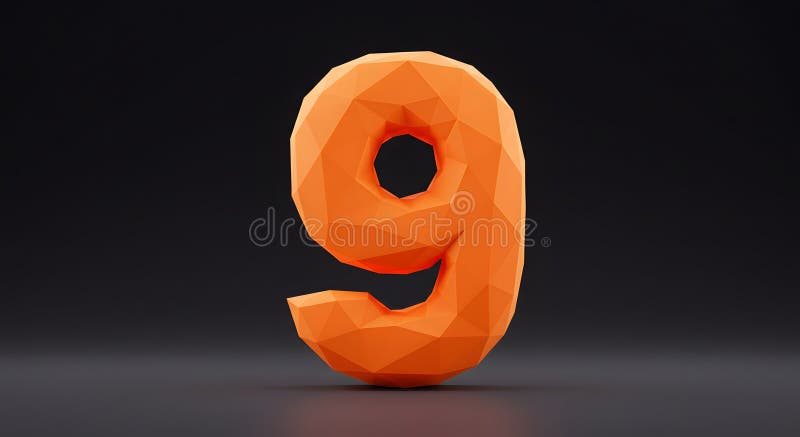 Low-Poly 3D Render of Number Nine, Orange Digit on Dark Background ...