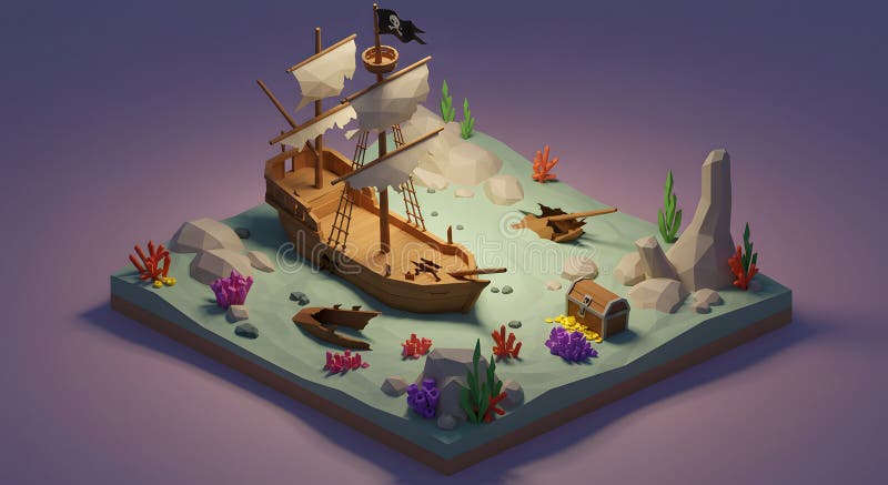 Sunken Pirate Shipwreck Low Poly 3D Render Isometric Treasure Island ...