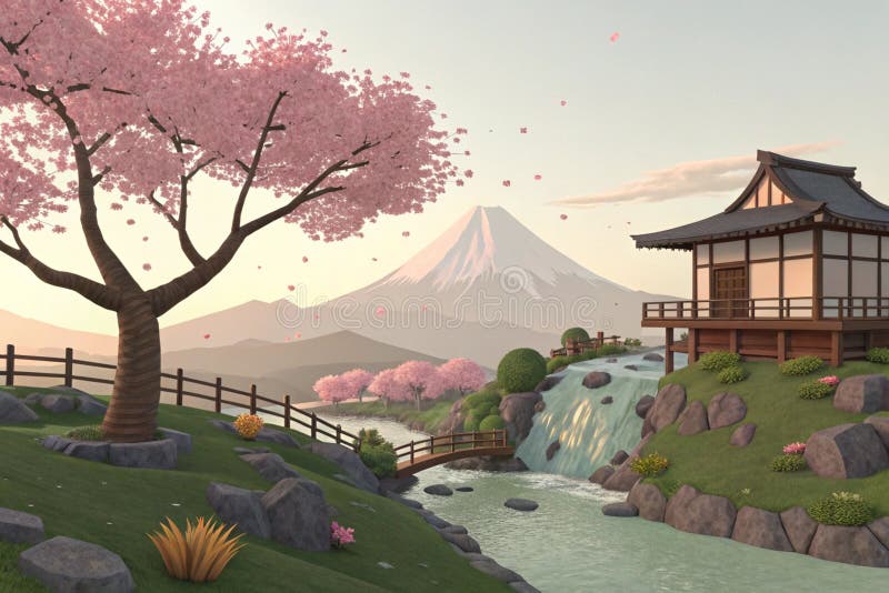 Low-poly 3D Render of Serene Japanese Landscape with Cherry Blossom ...
