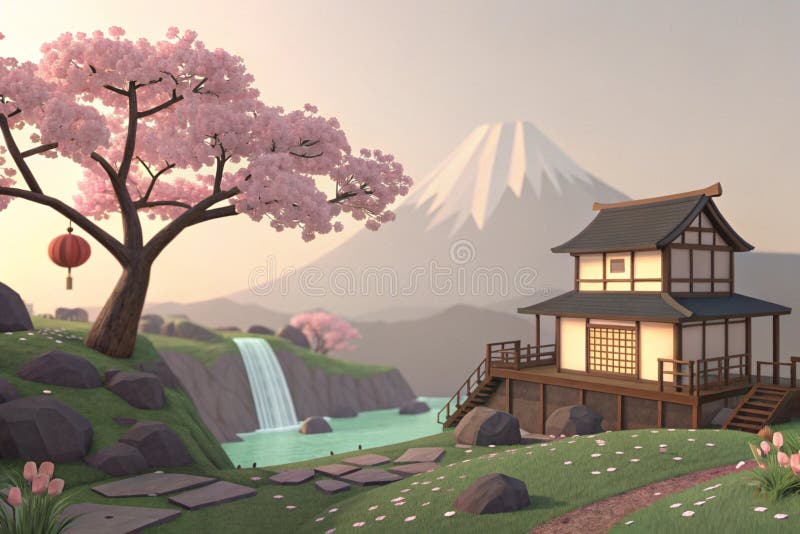 Low-poly 3D Render of Serene Japanese Landscape with Cherry Blossom ...