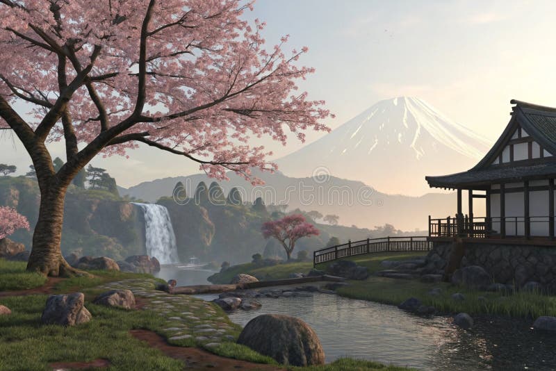Low-poly 3D Render of Serene Japanese Landscape with Cherry Blossom ...