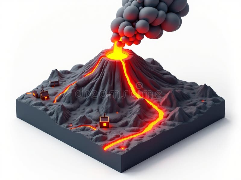 Low Poly 3D Render of Volcanic Eruption with Glowing Lava and Gray ...