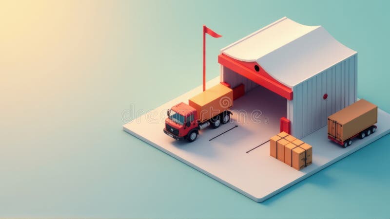 Low Poly 3D Rendering of Warehouse with Trucks and Cargo Boxes Stock ...