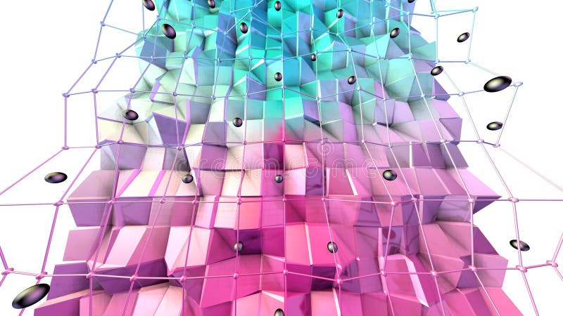 Low Poly 3D Surface with Flying Grid or Mesh and Black Spheres As ...