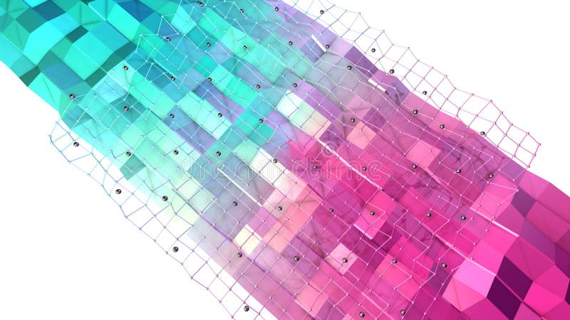 Low Poly 3D Surface with Flying Grid or Mesh and Black Spheres As ...