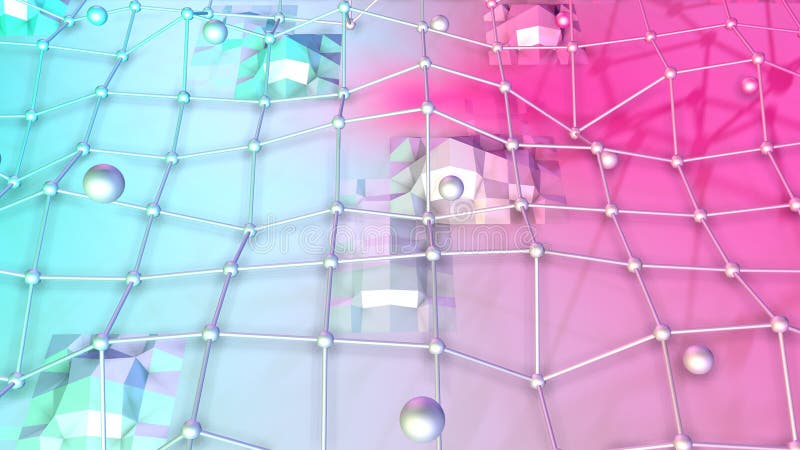 Low Poly 3D Surface with Flying Grid or Mesh and Moving Spheres As ...