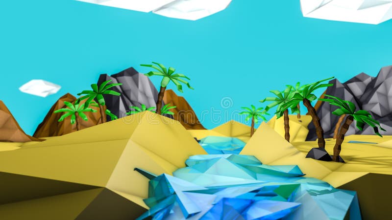 Low Poly Desert Landscape with Palm Trees. 3d Render Stock Illustration ...