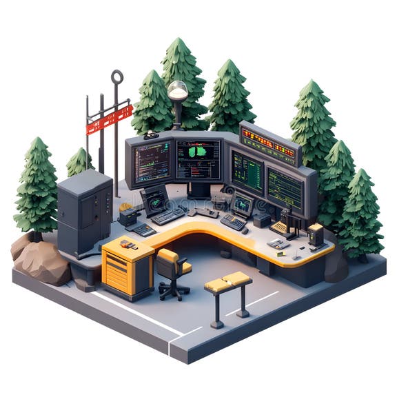 Low-poly Digital Control Center Nestled in a Forest Stock Illustration ...