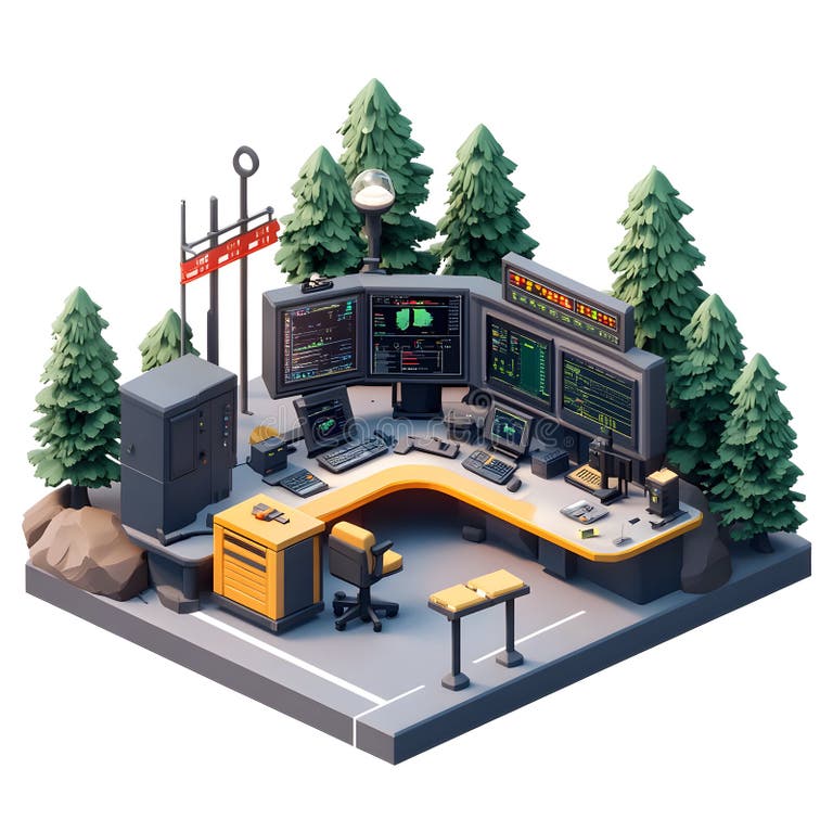 Low-poly Digital Control Center Nestled in a Forest Stock Illustration ...