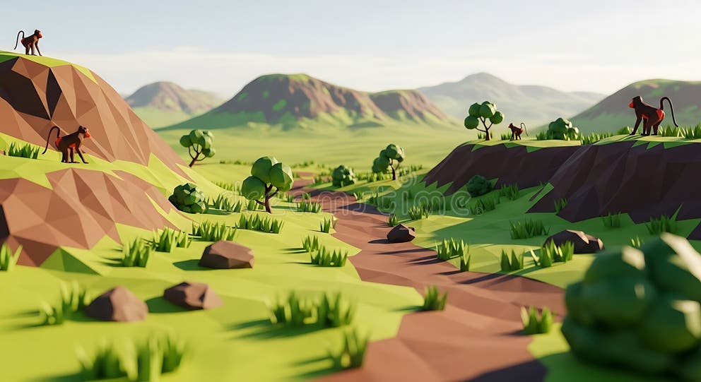 Low-poly Digital Landscape Featuring a Winding Path through a Hilly Terrain. Stock Illustration ...