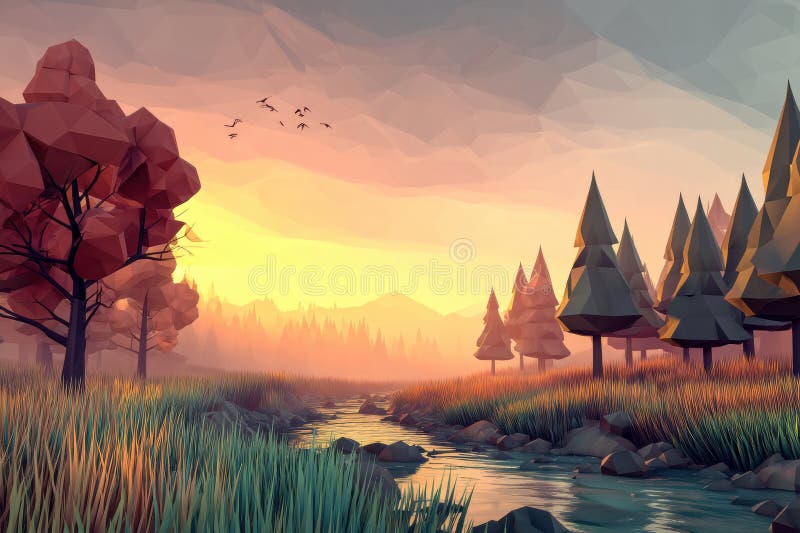 Serene Sunset Landscape Low Poly Mountains River Stock Photos - Free ...