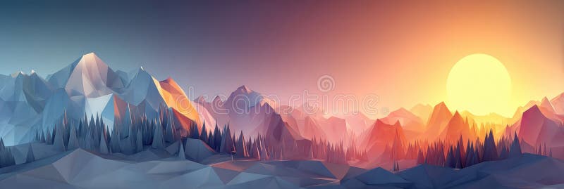 Low Poly Digital Landscape with Soft Lighting and Gradient Sky during ...
