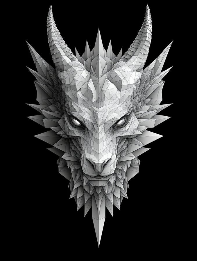 Low-poly Dragon Head, Grayscale, Fierce Expression, Sharp Angles ...