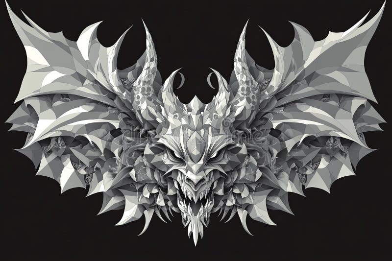 Low-poly Dragon Head with Large Wings, Grayscale, Dark Background Stock ...
