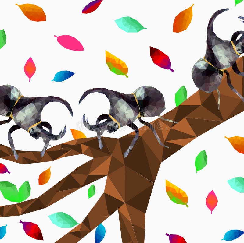 Low Poly Dynastinae or Rhinoceros Beetles on Tree and Falling Leaf with ...