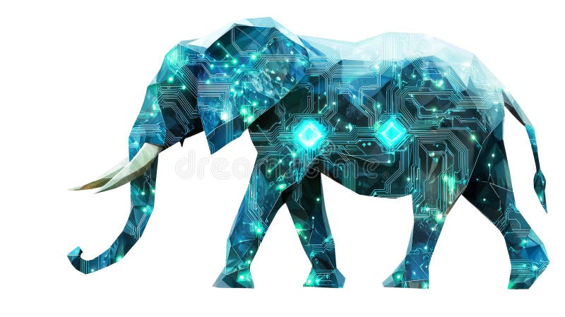 Low Poly Elephant with Turquoise Glowing Circuitry Patterns Across Its ...
