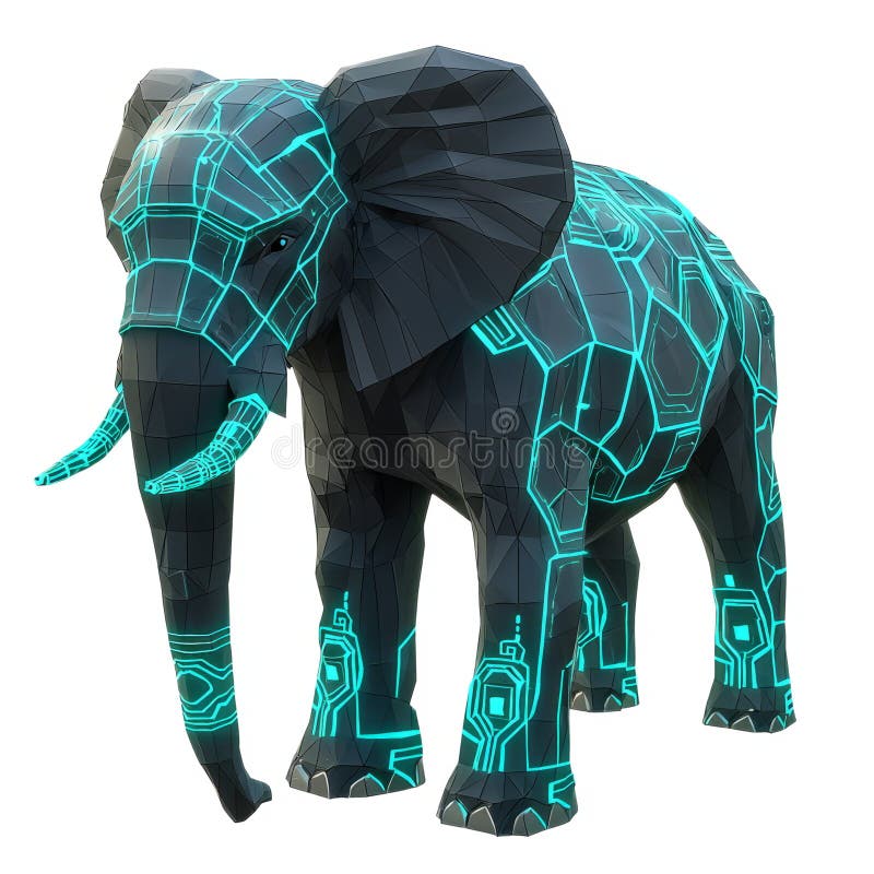 Low Poly Elephant with Turquoise Glowing Circuitry Patterns Across Its ...