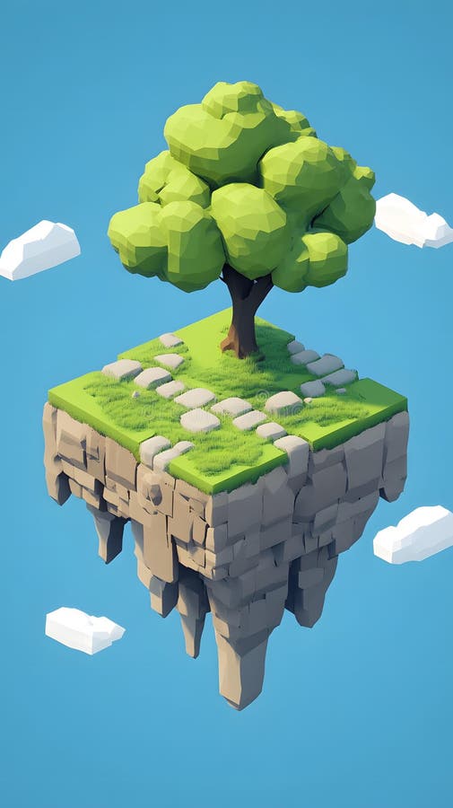 Low Poly Floating Island with Tree and Clouds Generated Using AI. Stock ...