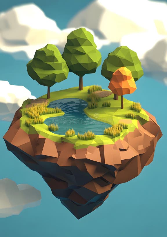 Low Poly Floating Island with Trees and Lake Generated Using AI. Stock ...