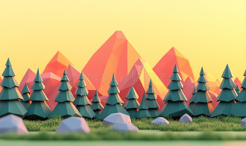 Low Poly Forest Landscape with Mountains at Sunset Stock Illustration ...