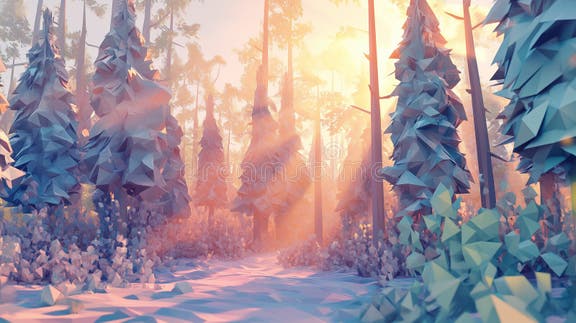 Low-Poly Forest Landscape with Snow and Sunlight Stock Illustration ...