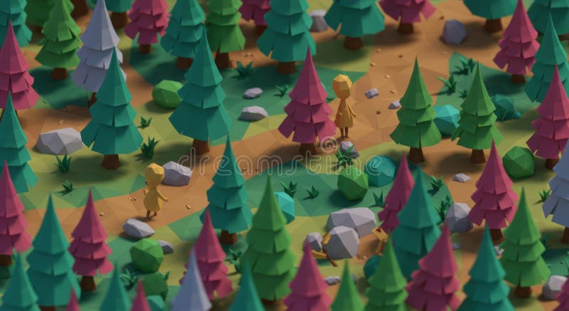 Low Poly Forest Path with Colorful Trees and Characters Stock Illustration - Illustration of ...