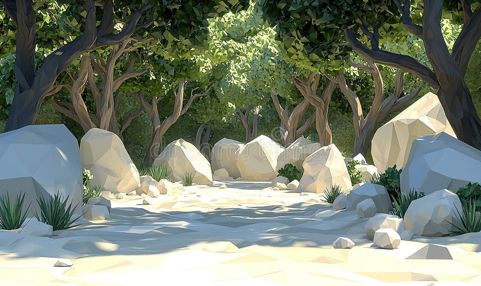 Low-poly Forest Path with Rocks and Sunlight, Ideal for Game ...
