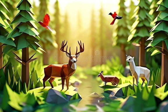 Low Poly Forest Scene with Animalslow Poly Animals are Integrate Stock ...