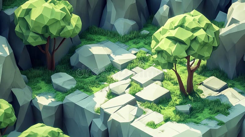 Low-Poly Forest Scene with Geometric Trees and Rocks in Sunlit Clearing ...