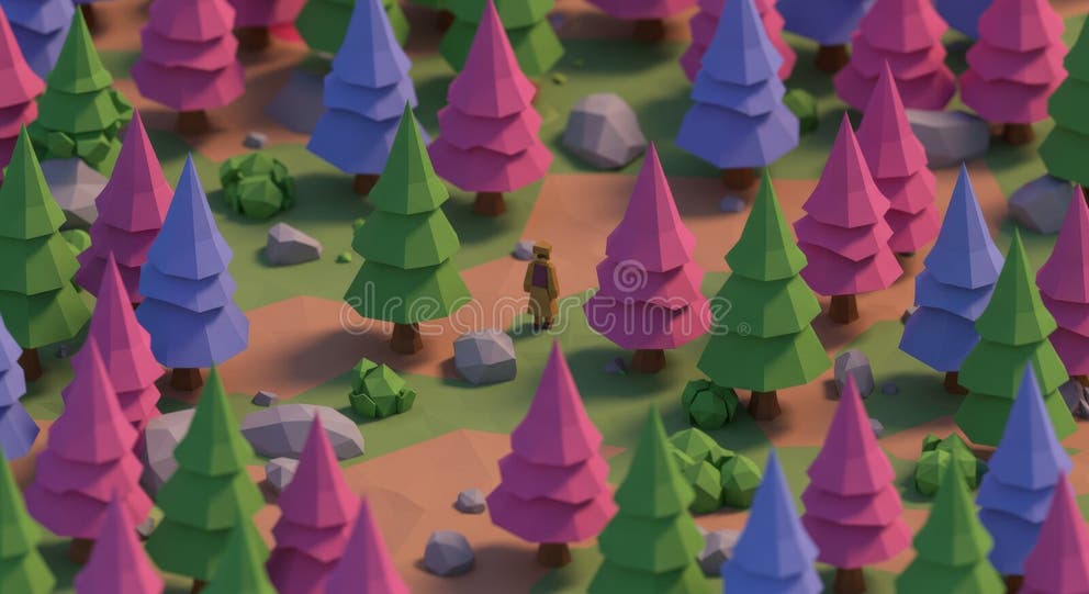 Low Poly Forest Scene with Pink Blue Green Trees Stock Illustration ...