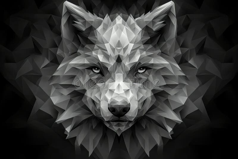 Low-poly Geometric Wolf Portrait, Grayscale, Dark Background Stock ...