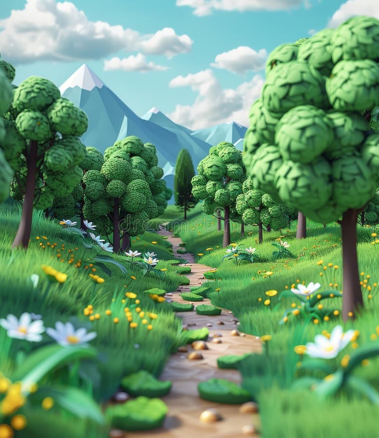 Low Poly Green Forest Pathway with Mountains and Sky Background ...