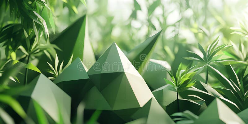 Low Poly Green Geometric Shapes in Lush Tropical Foliage Background ...