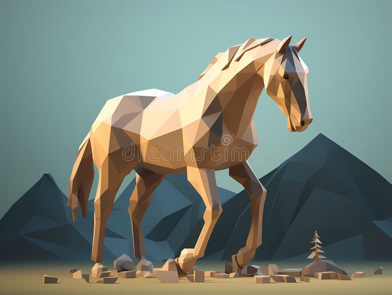 Low Poly Horse with Mountains in the Background, AI Generated Stock ...