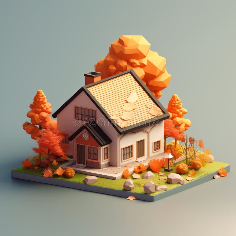 Low Poly House with Autumn Leaves and Trees in the Background Stock ...