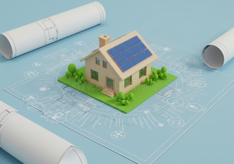 Low Poly House Model with Solar Panels on Blueprint Stock Illustration ...