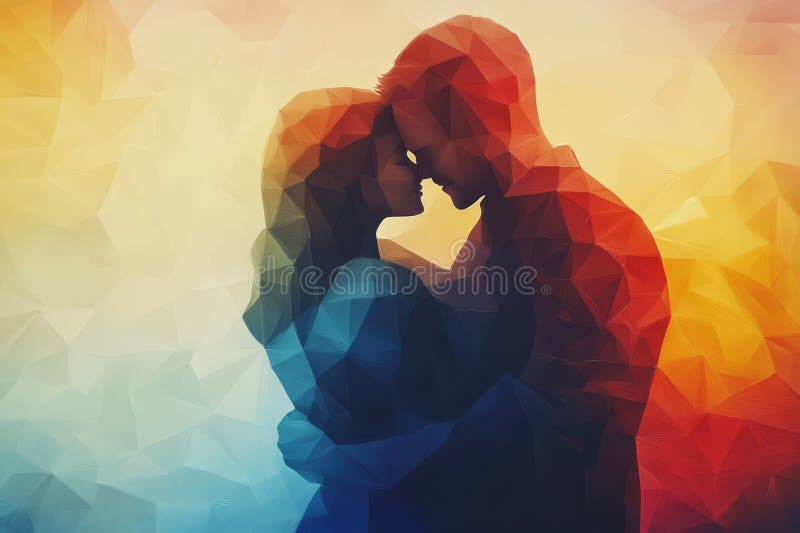 A Low-Poly Illustration of a Couple Embracing, Their Faces Close ...