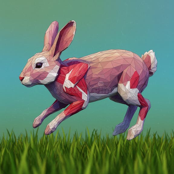 Low-poly Illustration of a Rabbit in Motion, Showcasing a Geometric ...
