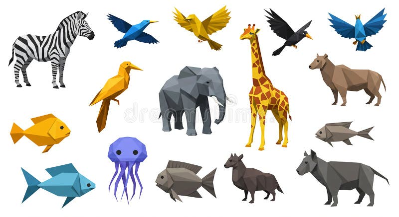 Low-poly Illustrations of Various Animals Include a Zebra, Birds ...