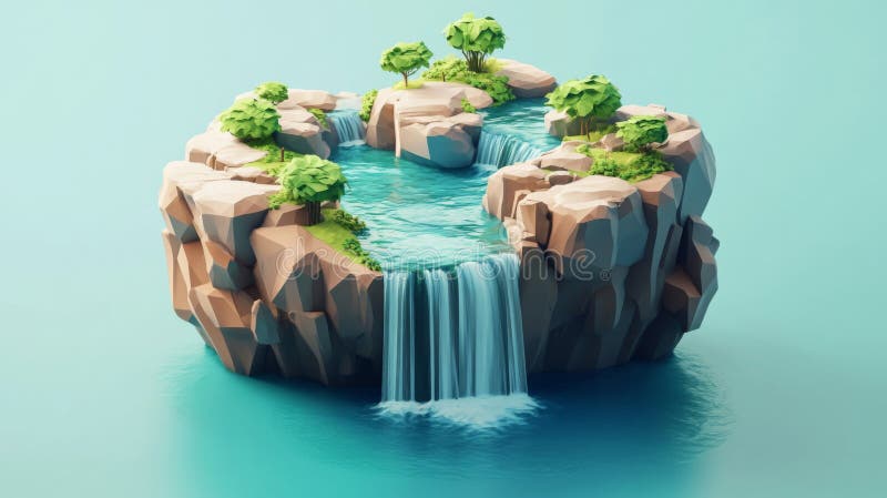 Low Poly Island Waterfall Scene Stock Illustration - Illustration of ...