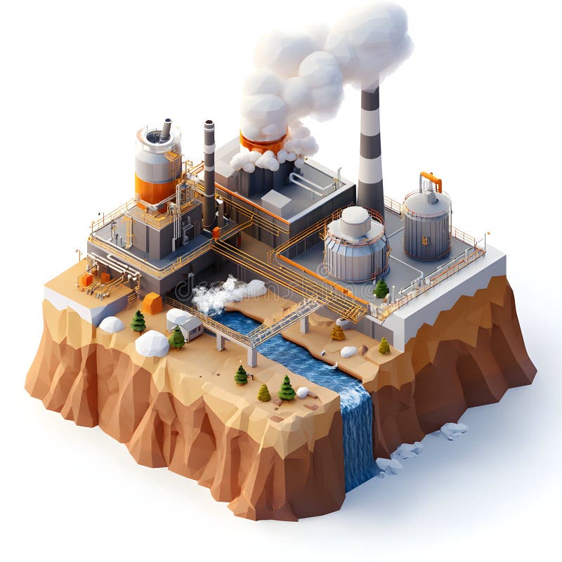 Low-poly Isometric Industrial Complex on a Rocky Island Stock ...