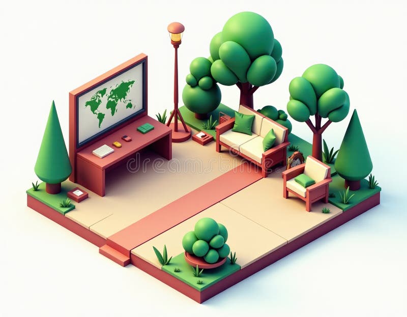 Low Poly Isometric Park Scene with World Map Stock Illustration ...